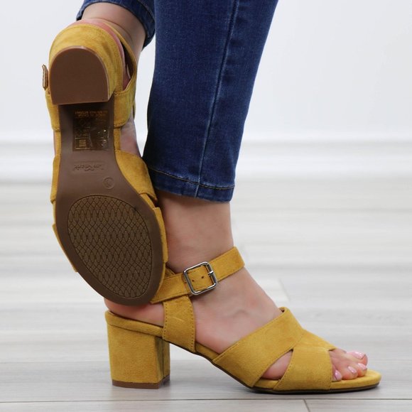 Shoes | Mustard Yellow Faux Suede Block Heel Sandals | Poshmark